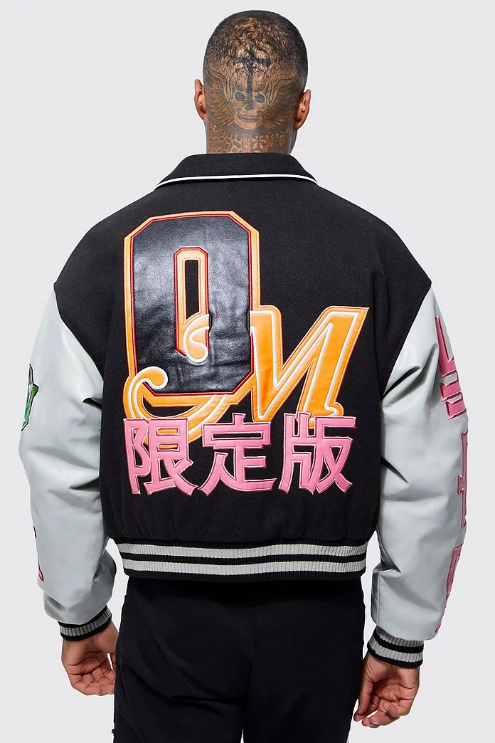 Boxy Melton Pu Varsity Badge Jacket | boohooMAN USA Boxy Melton Pu Varsity Badge Jacket | boohooMAN USA