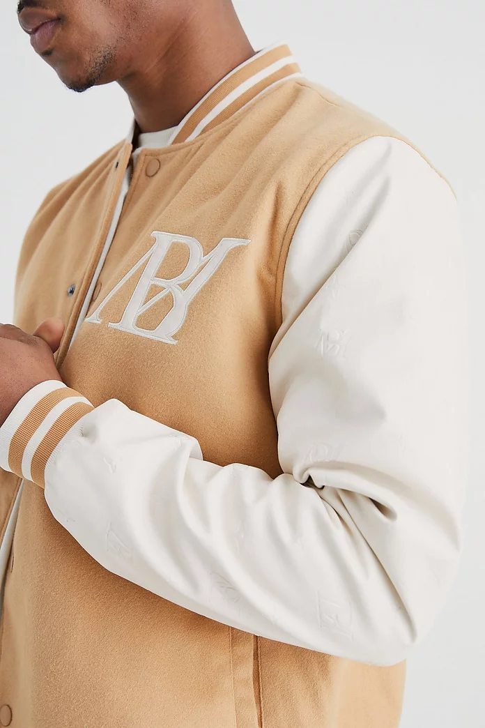 Melton Varsity Jacket With Embossed Pu Sleeves | boohooMAN USA Melton Varsity Jacket With Embossed Pu Sleeves | boohooMAN USA