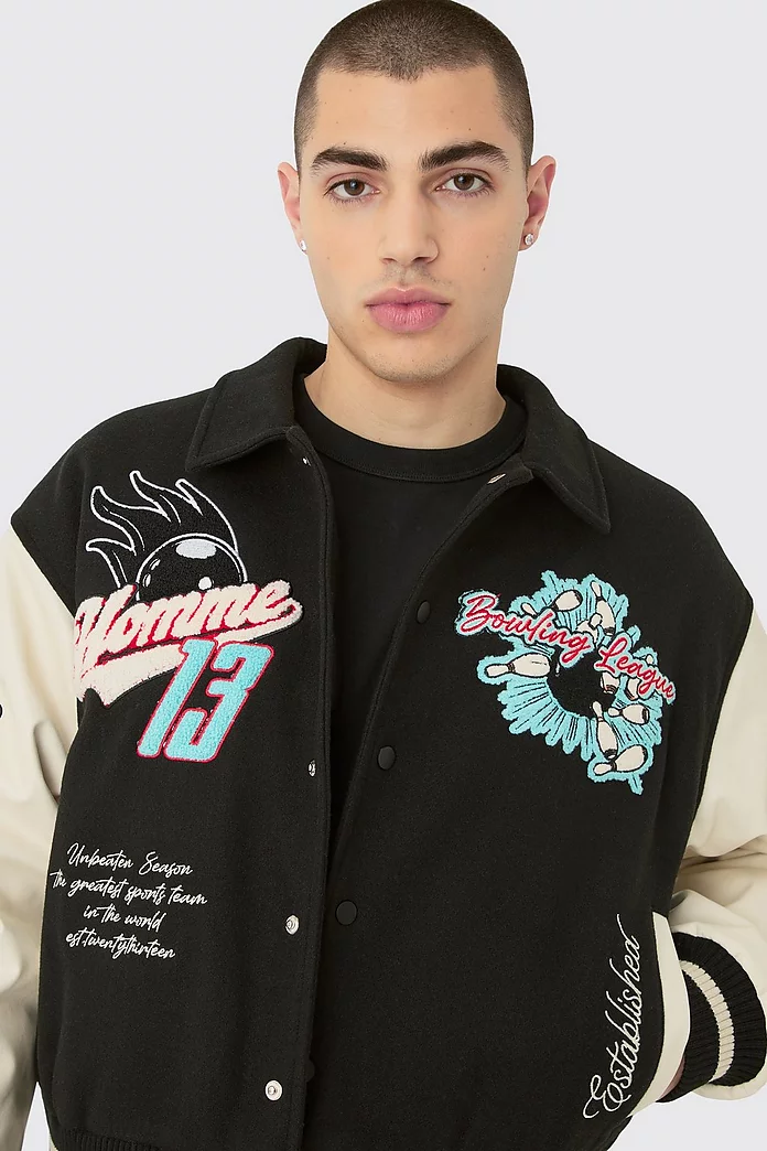 Boxy Melton & Pu Collared Varsity Jacket | boohooMAN USA Boxy Melton & Pu Collared Varsity Jacket | boohooMAN USA
