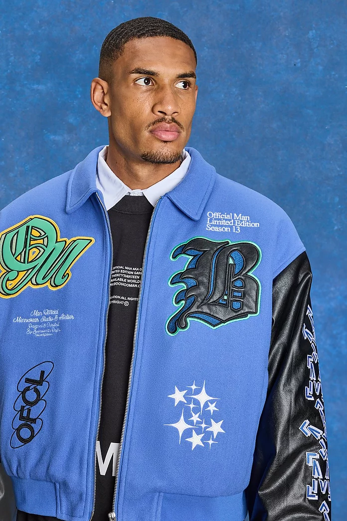 Tall Boxy Pu And Melton Collared Varsity Jacket | boohooMAN USA Tall Boxy Pu And Melton Collared Varsity Jacket | boohooMAN USA
