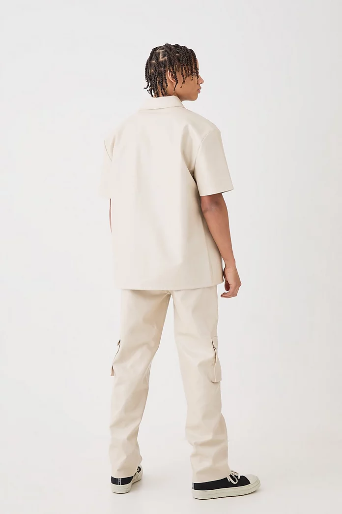 Short Sleeve Drop Shoulder Pu Overshirt & Cargo Pants Set Short Sleeve Drop Shoulder Pu Overshirt & Cargo Pants Set