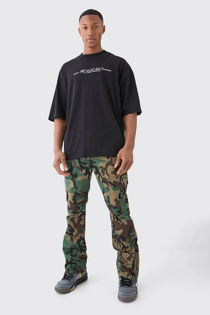 Slim Flare Ripstop Camo Cargo Pants With Zip Gusset Slim Flare Ripstop Camo Cargo Pants With Zip Gusset