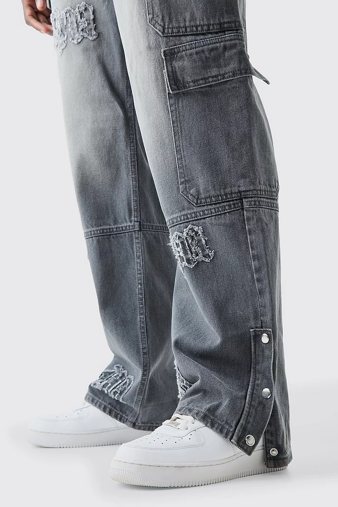 Baggy Rigid Bm Applique Multi Pocket Cargo Jeans In Grey Baggy Rigid Bm Applique Multi Pocket Cargo Jeans In Grey