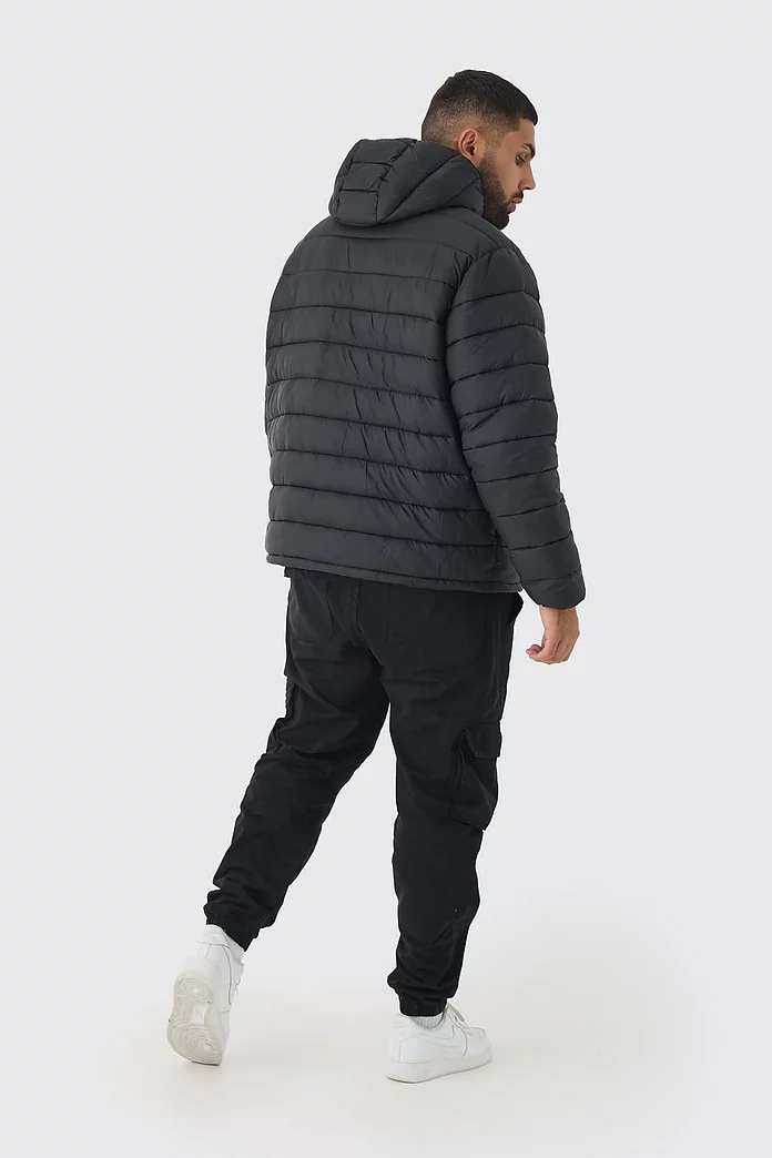 Plus Ofcl Half Zip Hooded Puffer Jacket In Black | boohooMAN USA Plus Ofcl Half Zip Hooded Puffer Jacket In Black | boohooMAN USA
