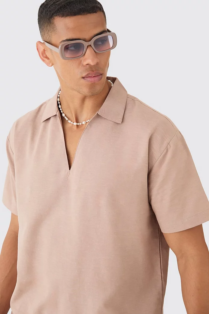 Oversized Linen Blend Dropped Neck Shirt | boohooMAN Oversized Linen Blend Dropped Neck Shirt | boohooMAN