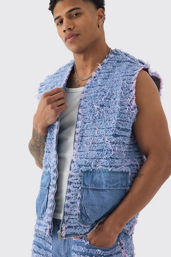 All Over Distressed Denim Utility Vest In Lilac | boohooMAN USA All Over Distressed Denim Utility Vest In Lilac | boohooMAN USA