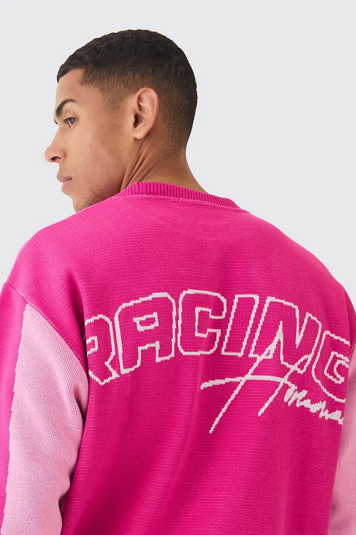 Oversized Boxy Moto Racing Knitted Sweater | boohooMAN USA Oversized Boxy Moto Racing Knitted Sweater | boohooMAN USA