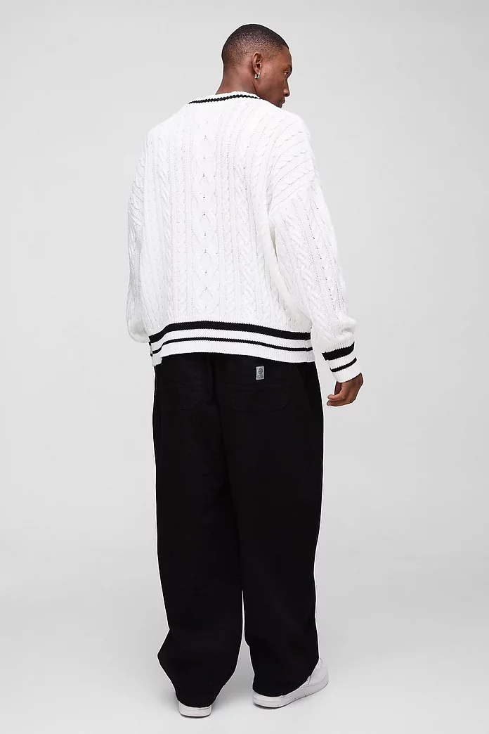 Oversized V Neck Varsity Sweater | boohooMAN USA Oversized V Neck Varsity Sweater | boohooMAN USA