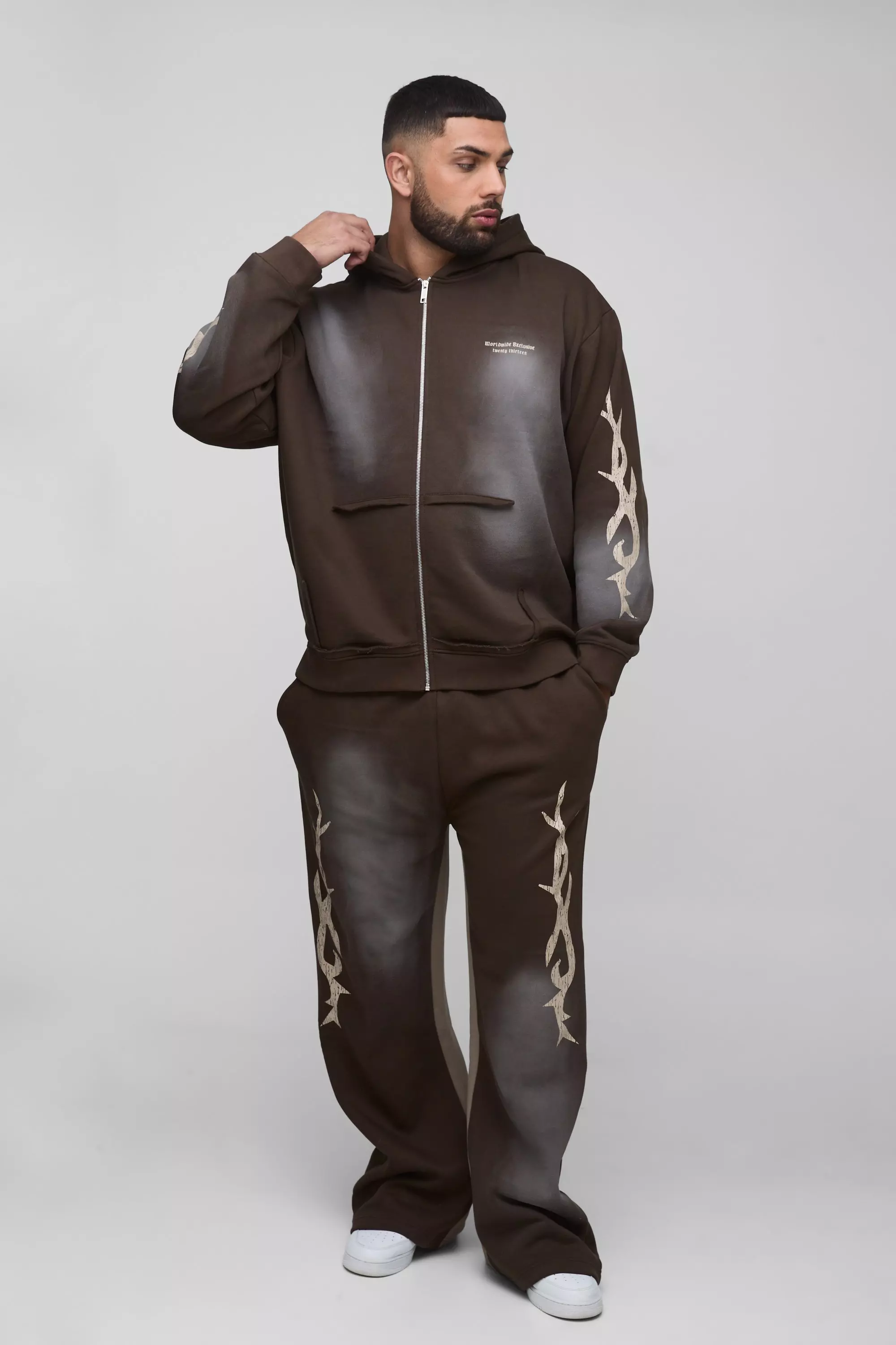 Plus Oversized Zip Thru Graphic Spray Wash Hooded Relaxed Flare Tracksuit boohooMAN USA