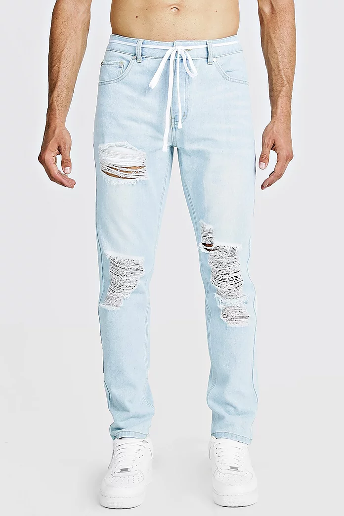 Slim Fit Distressed Jean With Shoelace Belt | boohooMAN USA Slim Fit Distressed Jean With Shoelace Belt | boohooMAN USA