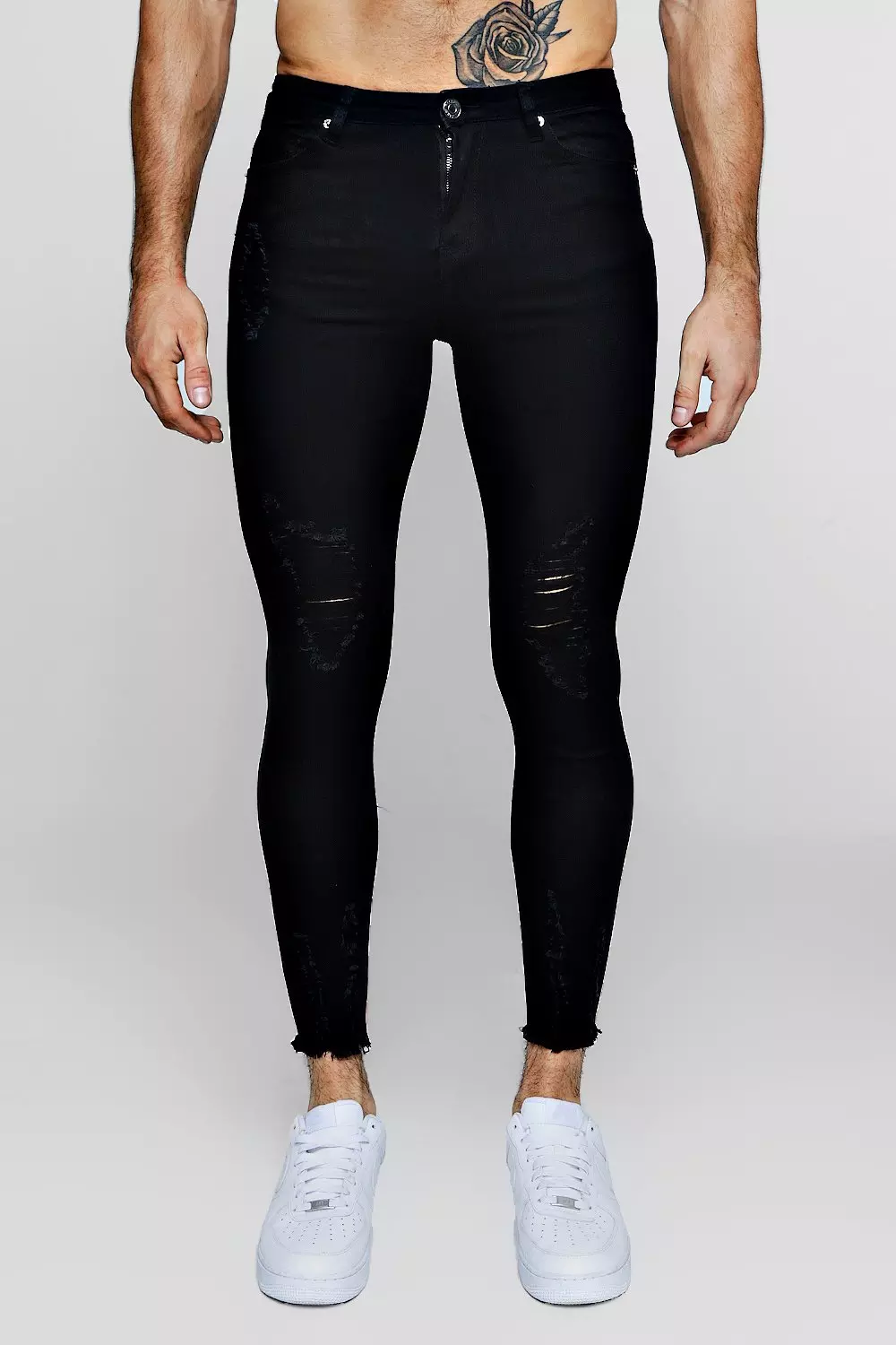 Black Super Skinny Jeans With Raw Hem boohooMAN